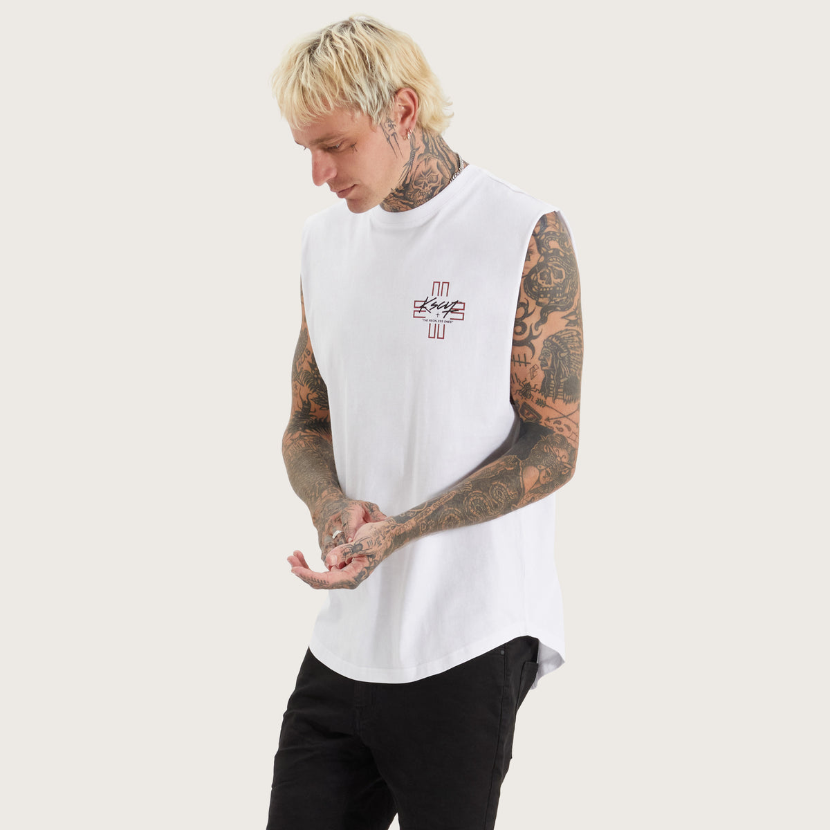 Ridgmont Dual Curved Muscle Tank in Optical White | KSCY