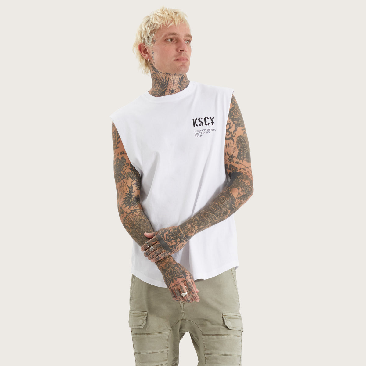 Harmon Dual Curved Muscle Tank in Optical White | KSCY