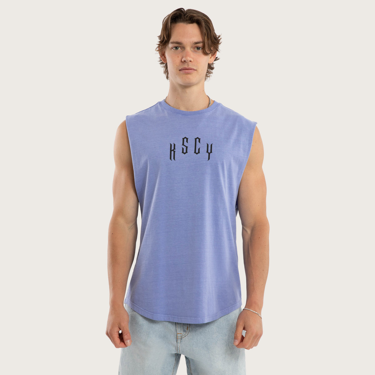 Trapped Curved Hem Muscle Tee in Purple | KSCY