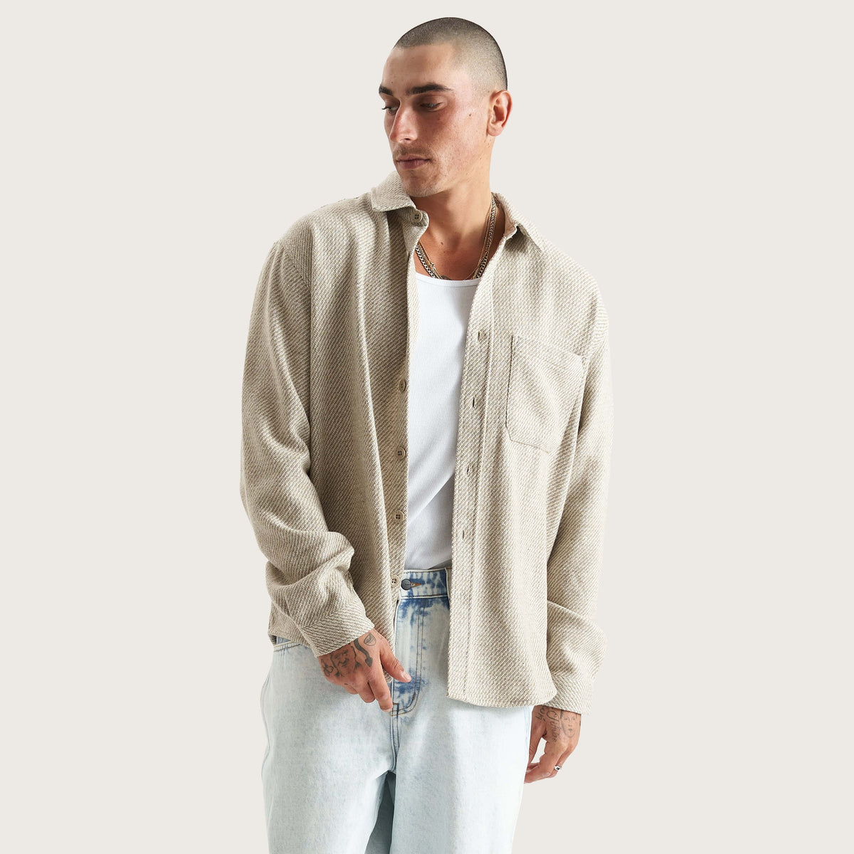 KSCY Firestone Drop Shoulder Shirt in Cream/Tan | KSCY